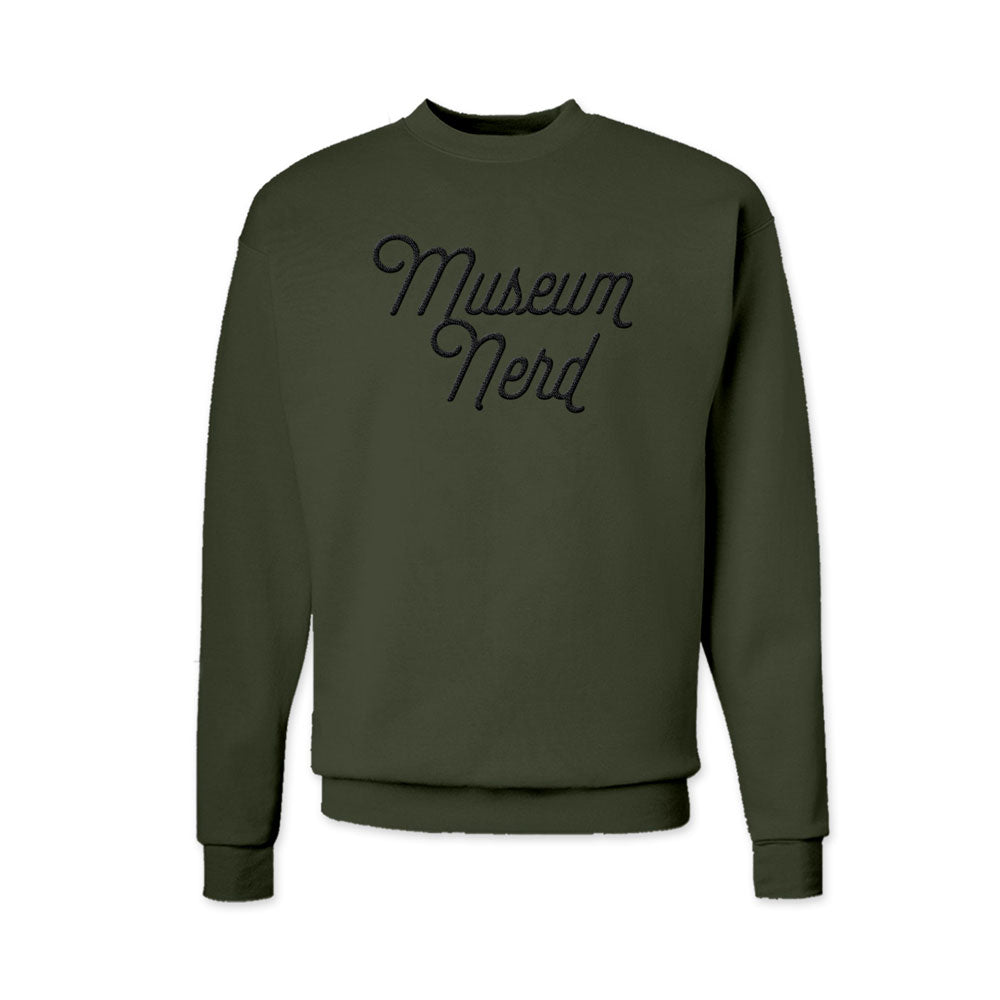 Museum Nerd Script Black Letters Army Heather Crewneck Sweatshirt